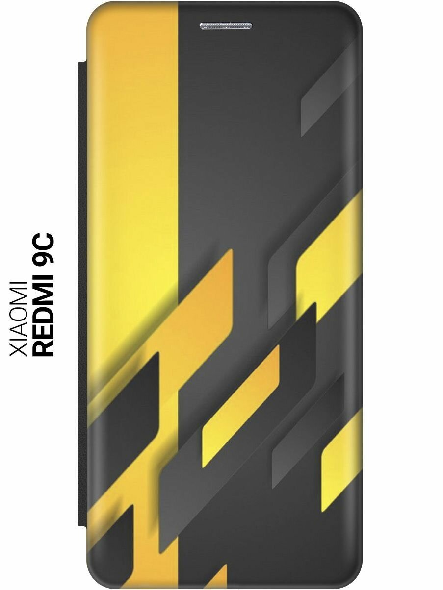 Чехол-книжка на Xiaomi Redmi 9C, Сяоми Редми 9С с 3D принтом "Черно-желтая абстракция" черный