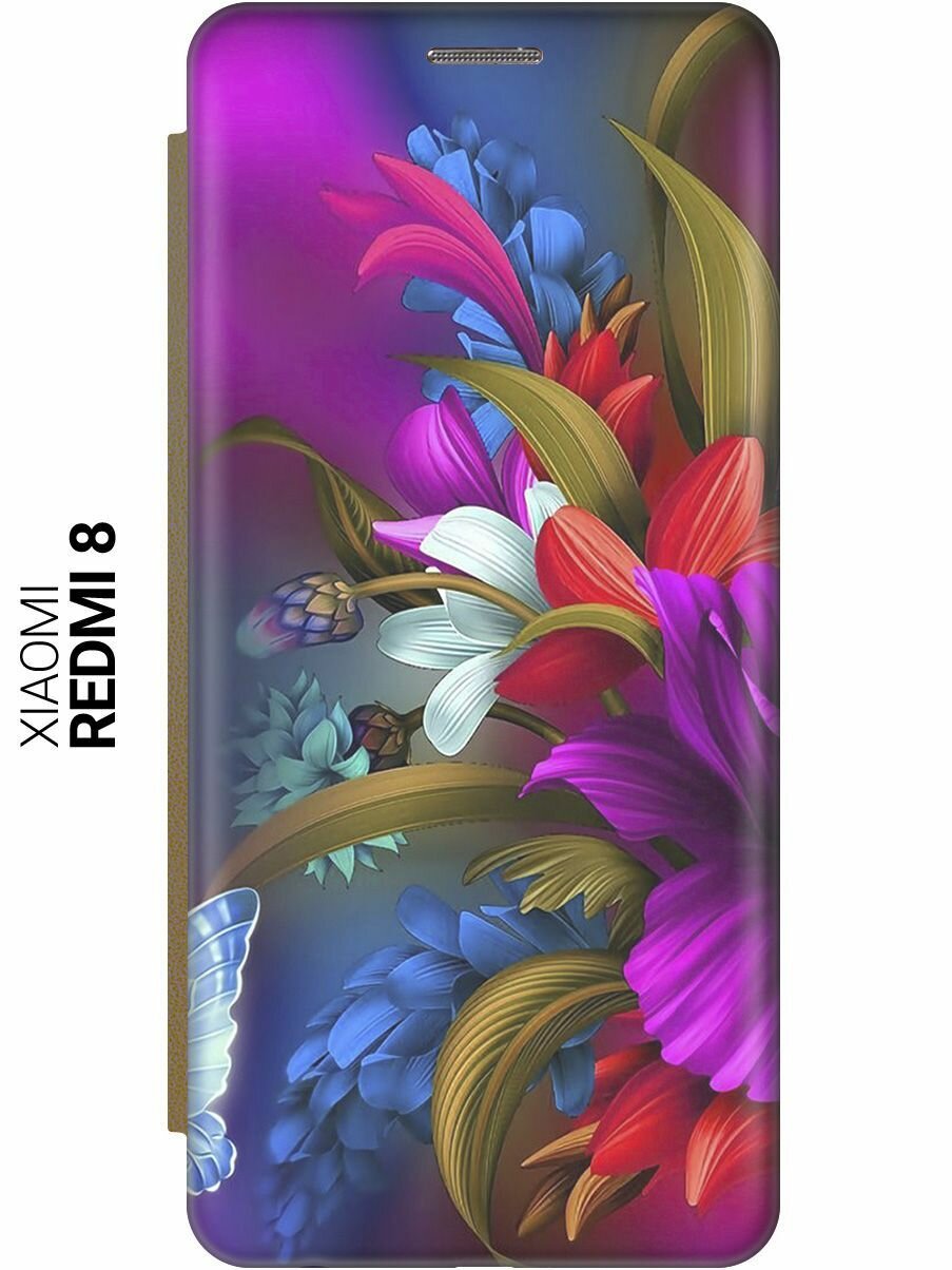 Чехол-книжка на Xiaomi Redmi 8, Сяоми Редми 8 с 3D принтом "Фантастические цветы" золотой