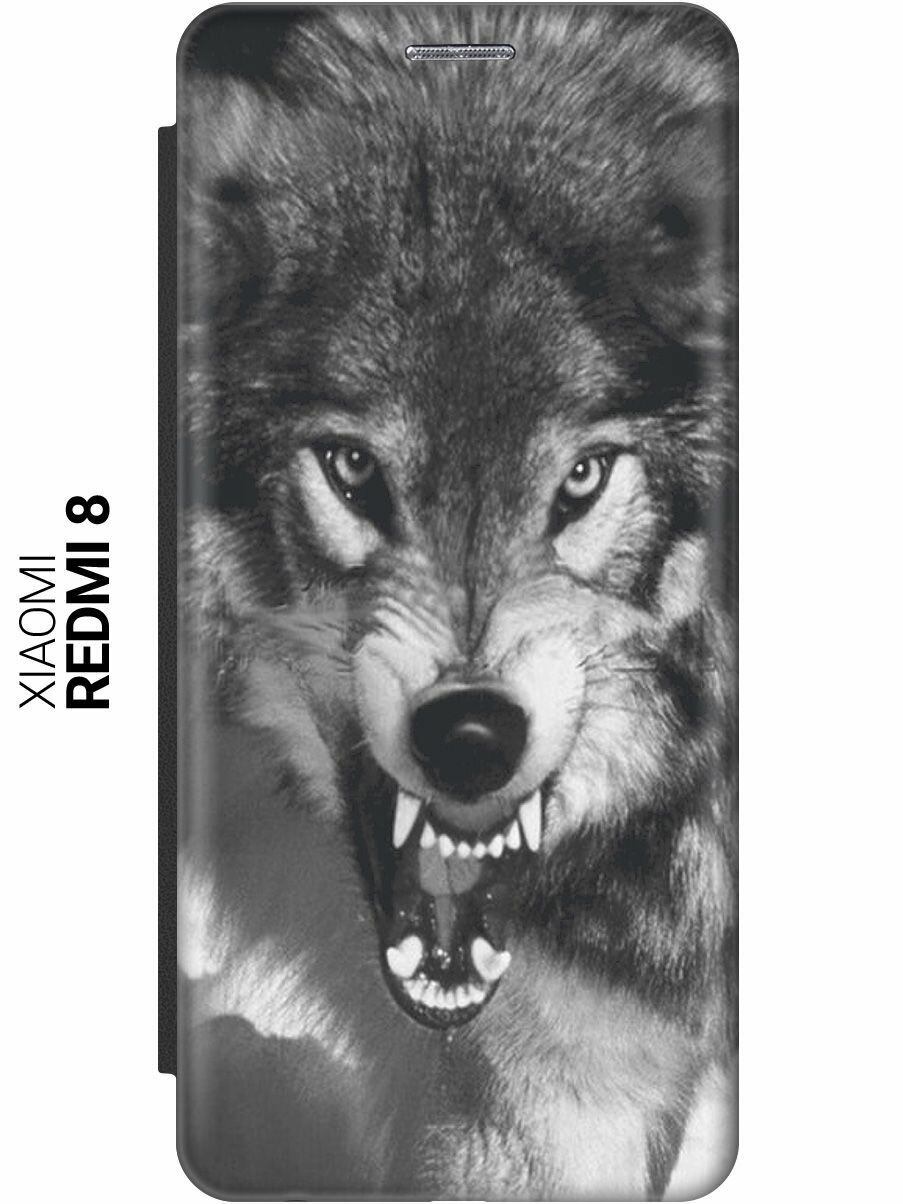 Чехол-книжка на Xiaomi Redmi 8, Сяоми Редми 8 с 3D принтом "Волчий оскал" черный