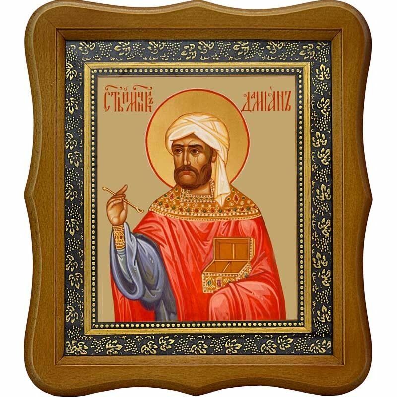 Дамиан Аравийский, Киликийский, бессребреник, мученик. Икона на холсте. (15 х 18 см / В фигурном киоте)