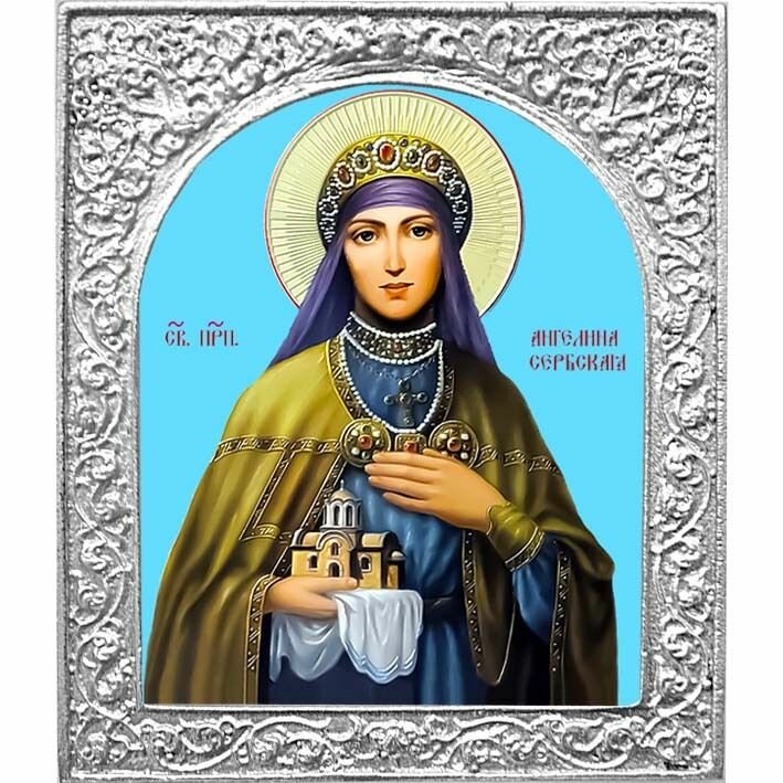 Святая Ангелина. Маленькая икона в посеребренной раме. 4,5 х 5,5 см.