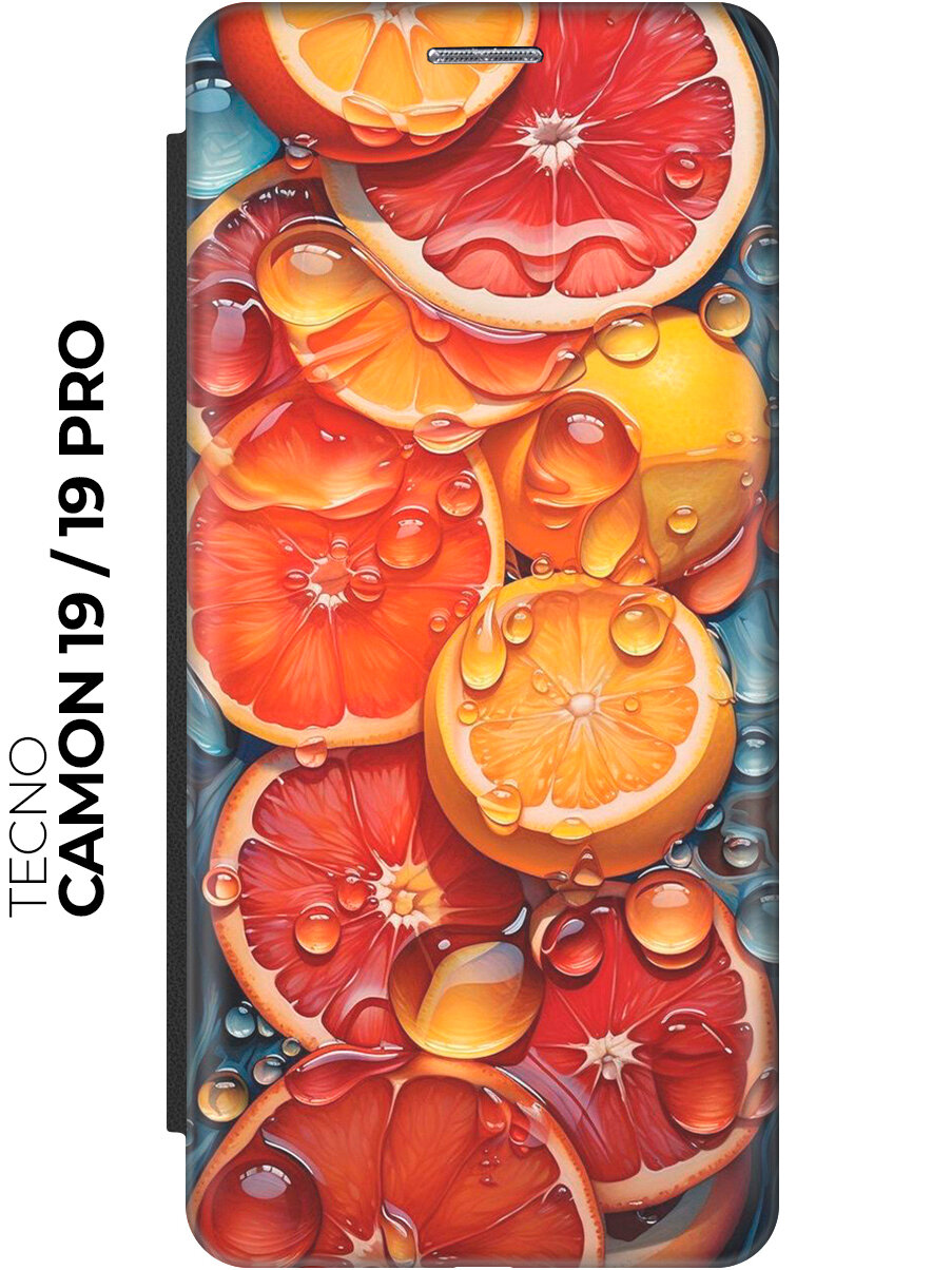 Чехол-книжка на Tecno Camon 19 / 19 Pro / Техно Камон 19 / 19 Про с рисунком "Сочные апельсины в каплях" черный