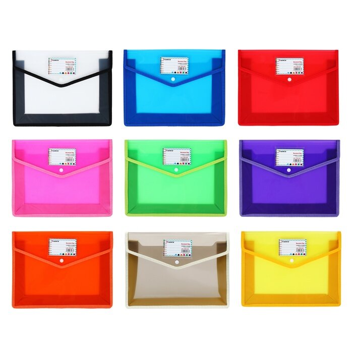 Папка-конверт на кнопке А4, 500 мкр, с расширением, горизонтальная, карман для визиток, микс