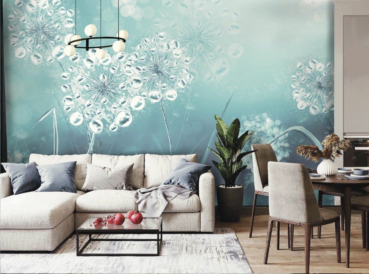 Обои бесшовные "Одуванчики в росе" бирюзовый (ширина 2750мм х длина 4000мм)