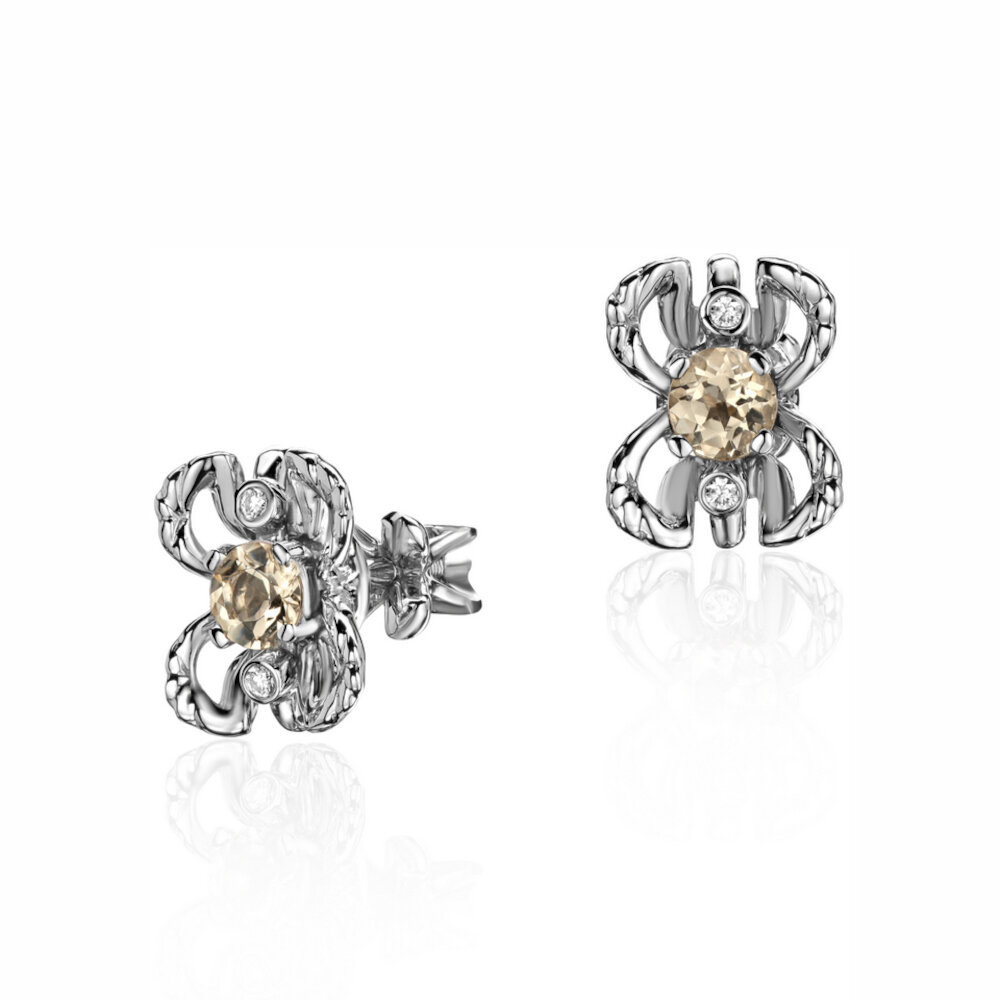 Серьги пусеты, белое золото, 585 проба, бриллиант, гелиодор