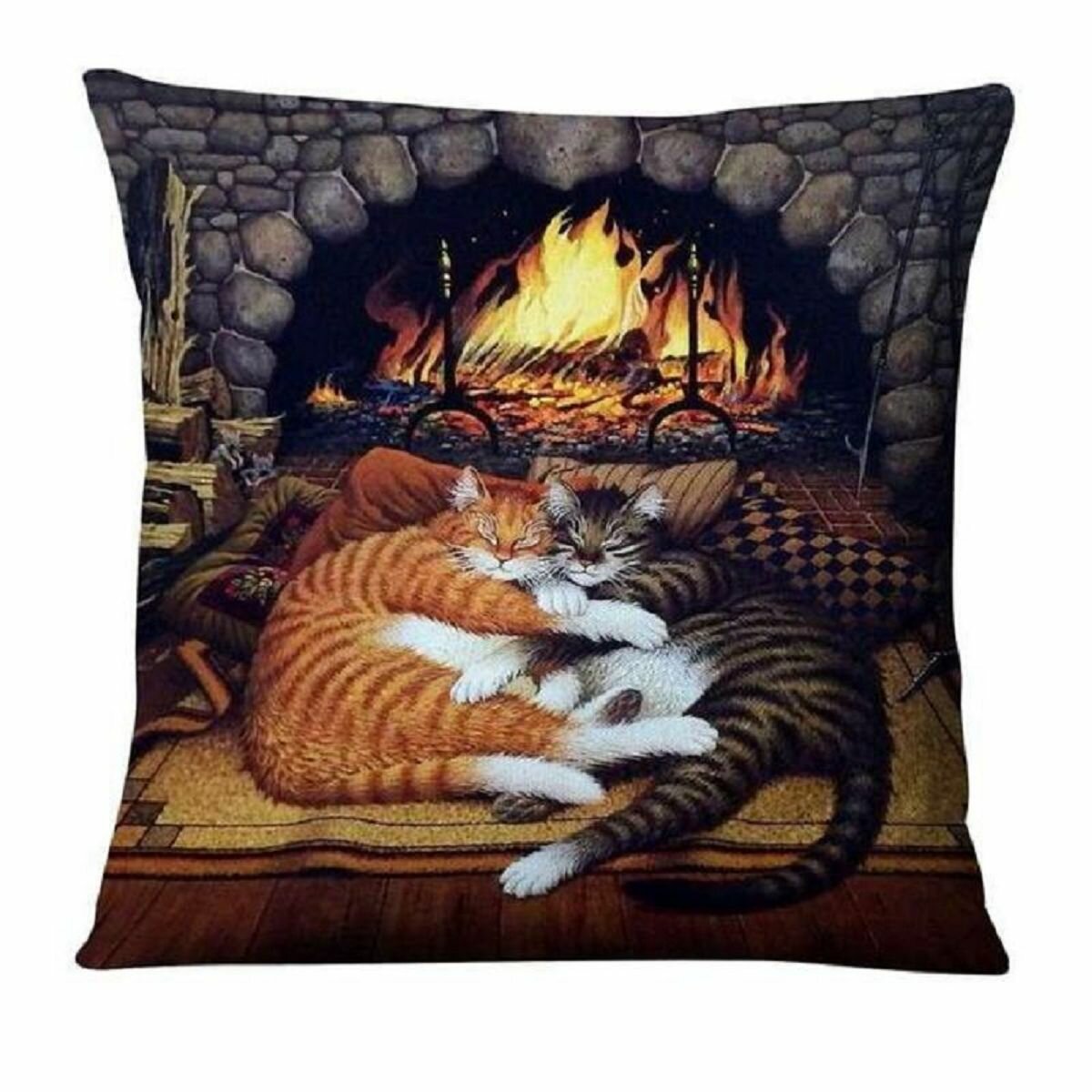 Чехол для подушки Влюбленные Коты у Камина велюр 40х40