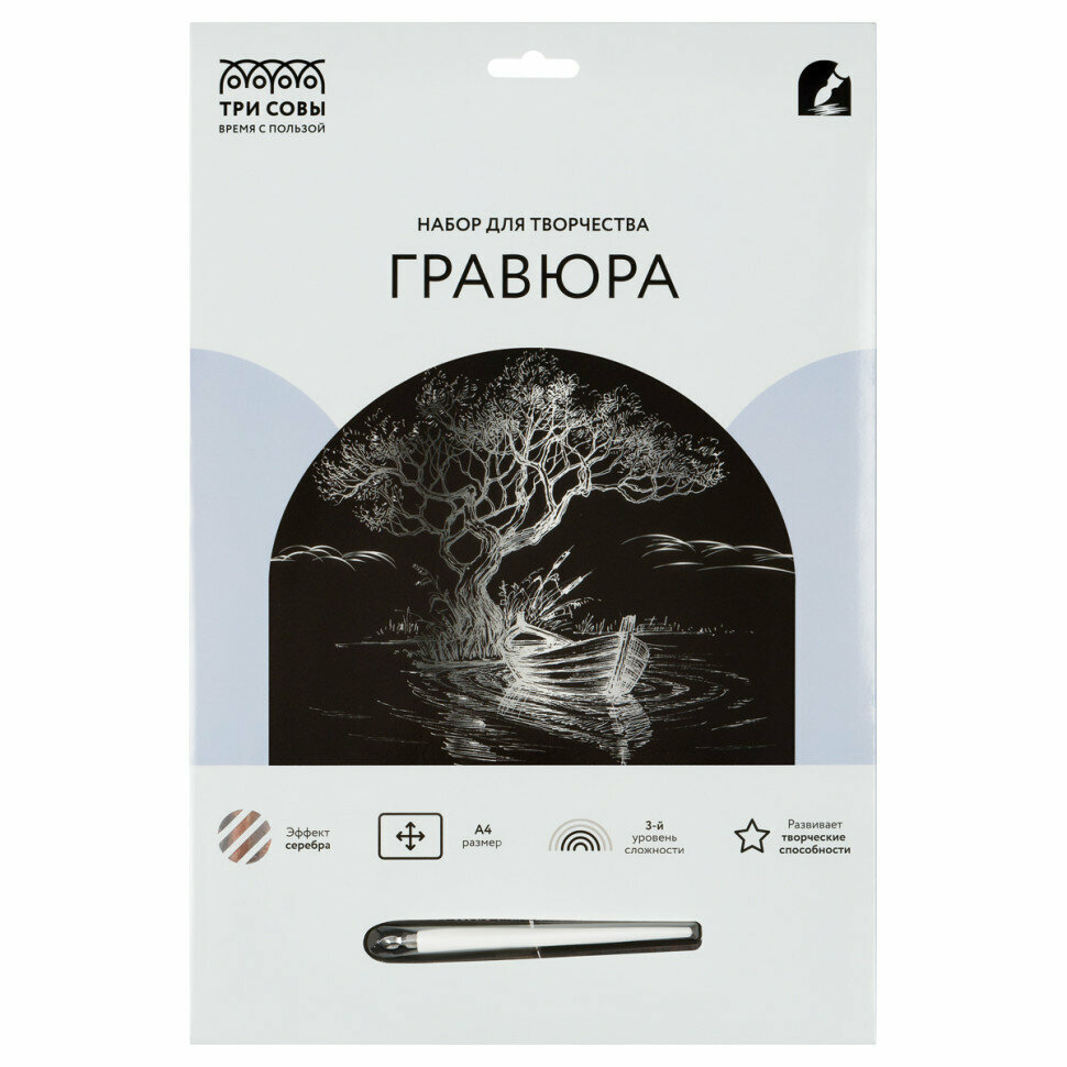 Гравюра с эффектом серебра ТРИ совы "Лодка", А4, 350406