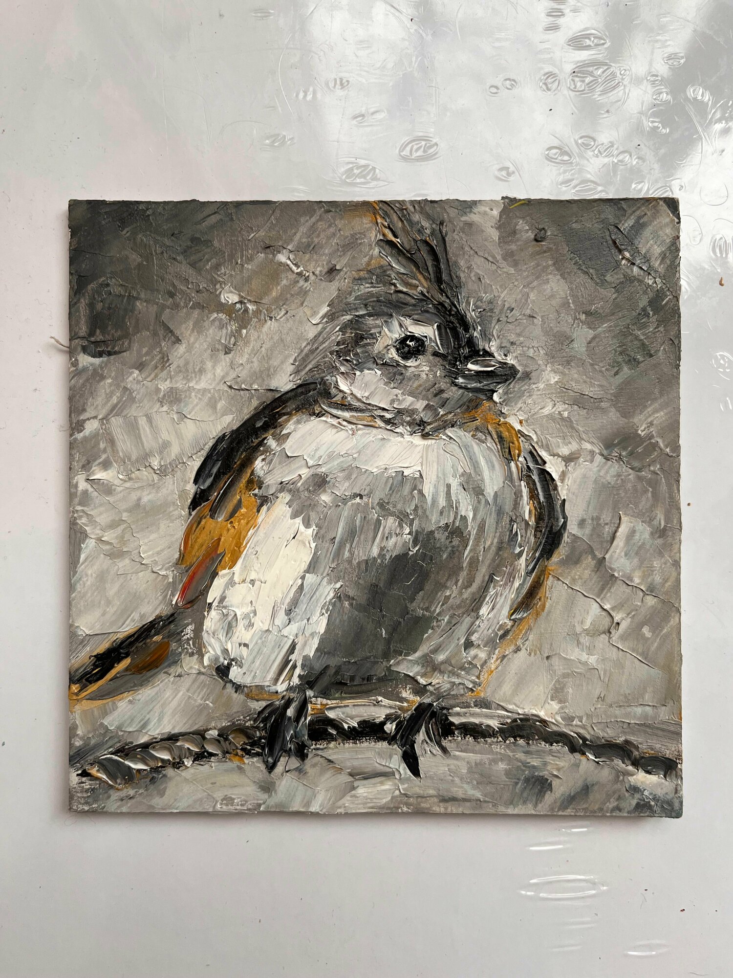 Картина маслом Птичка Синичка Серая картон размер 13см на 13см