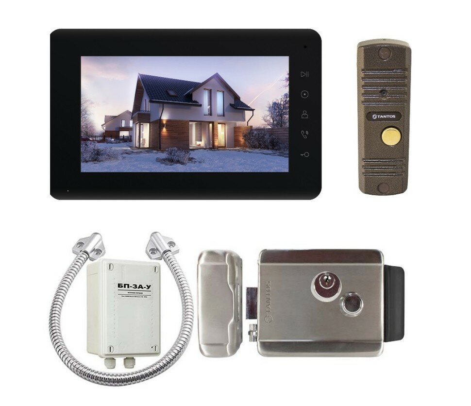 Комплект видеодомофона для дома Tantos Mia HD (черный) и Walle HD (медь) c замком