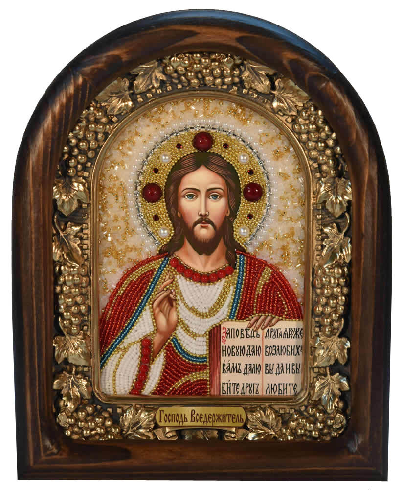 Икона Дивеевская Господь Вседержитель (Спаситель) из бисера и натуральных камней, ручная работа, 18х23 см