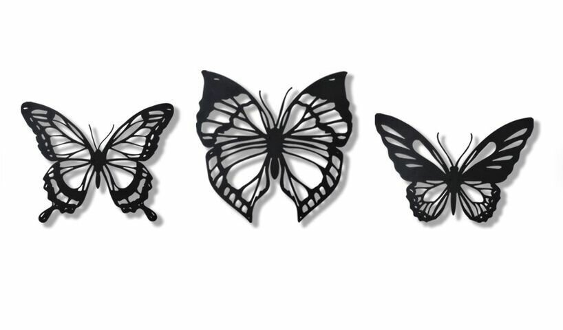 Декоративное металлическое панно, Бабочки, набор из 3 элементов декора (черный цвет)