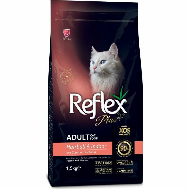 Сухой корм для кошек REFLEX PLUS Adult Cat Food Hairball Salmon, для выведения шерсти, с лососем, 1,5 кг