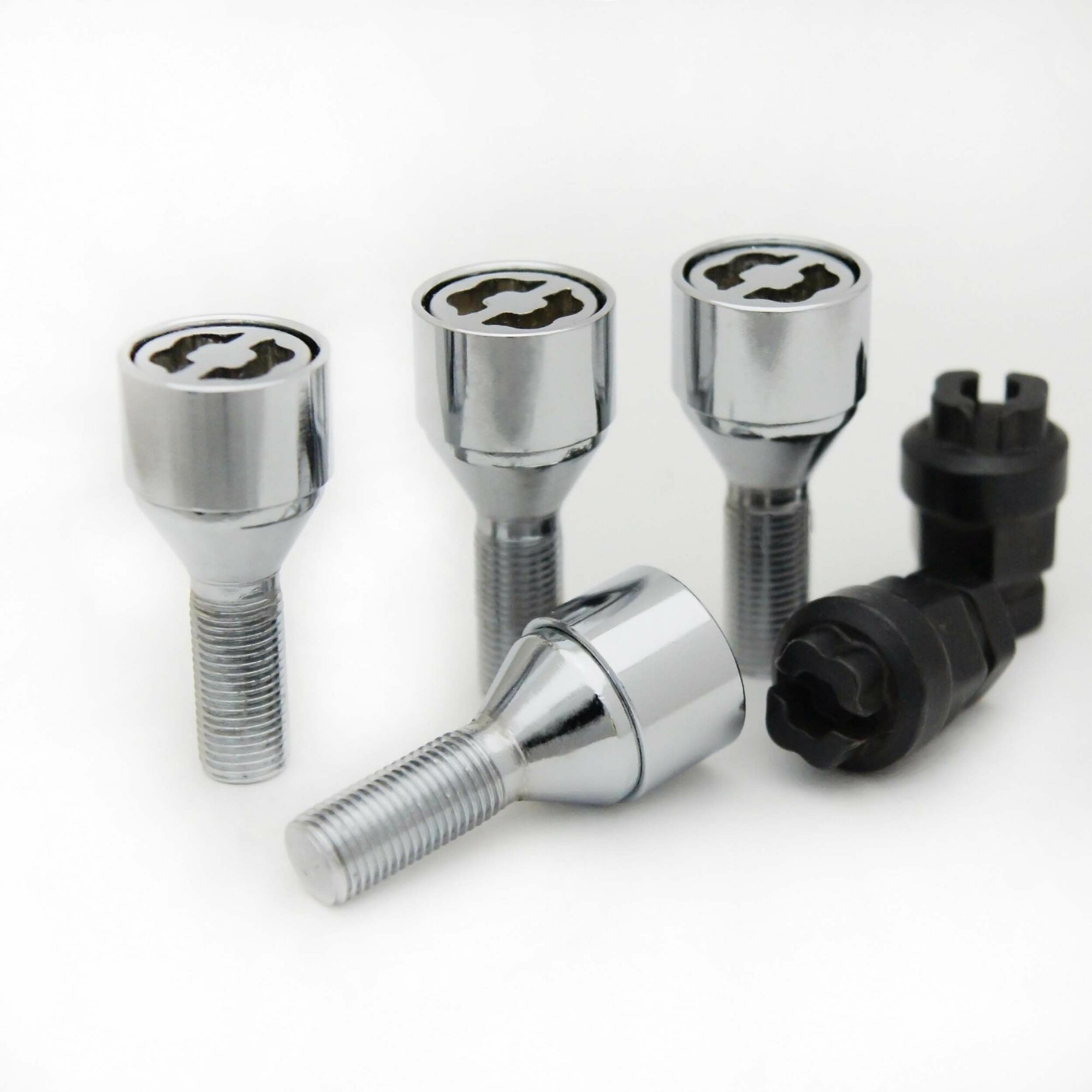 Комплект секретных болтов M14x1,5x28 Конус, с вращающимся кольцом, 2 ключа универс. Ключ 17-19 мм. Пластиковый кейс. Устойчивы к пневмопистолету.