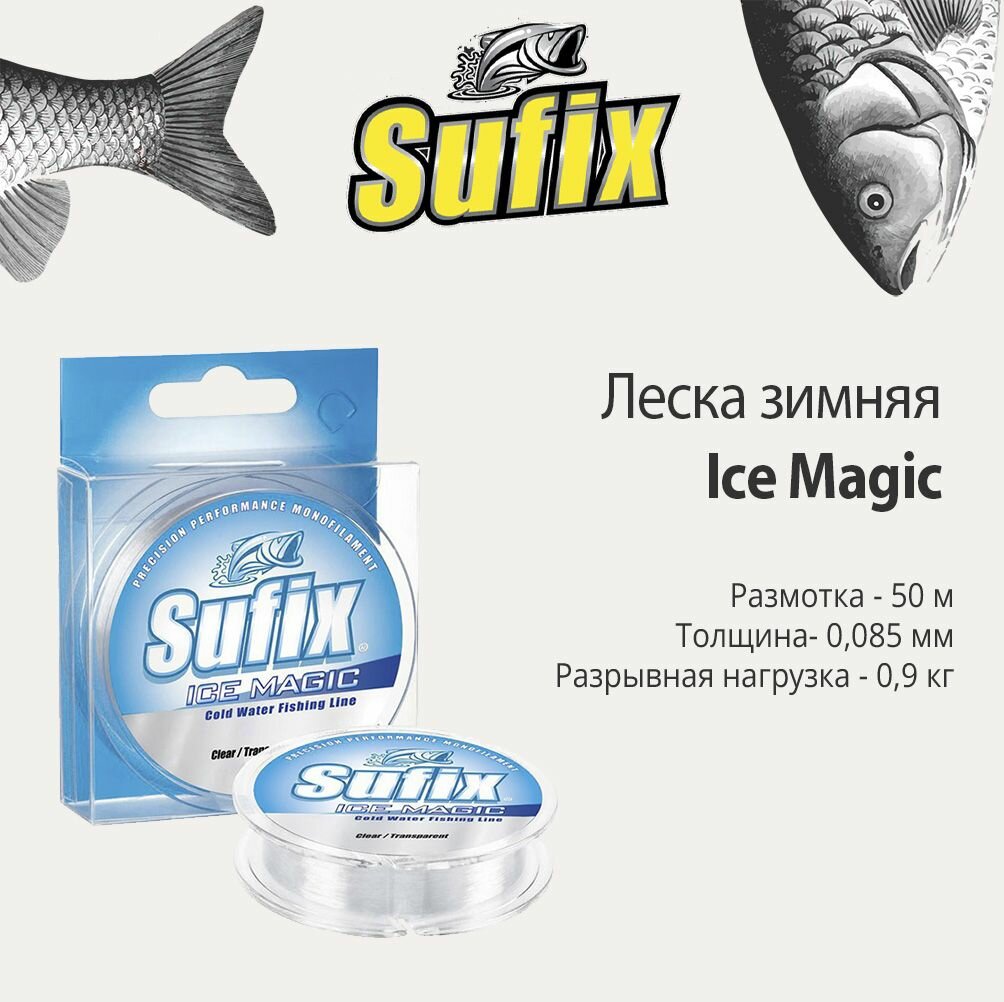 Леска зимняя SUFIX Ice Magic прозрачная 50м 0.085мм 0,9кг