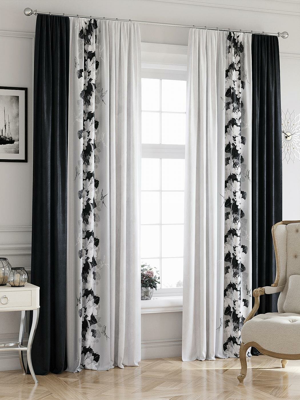 Комплекты штор AT HOME Лендрименс (черный) высота 270 см, ширина 150 см, крепление - шторная лента, Белый