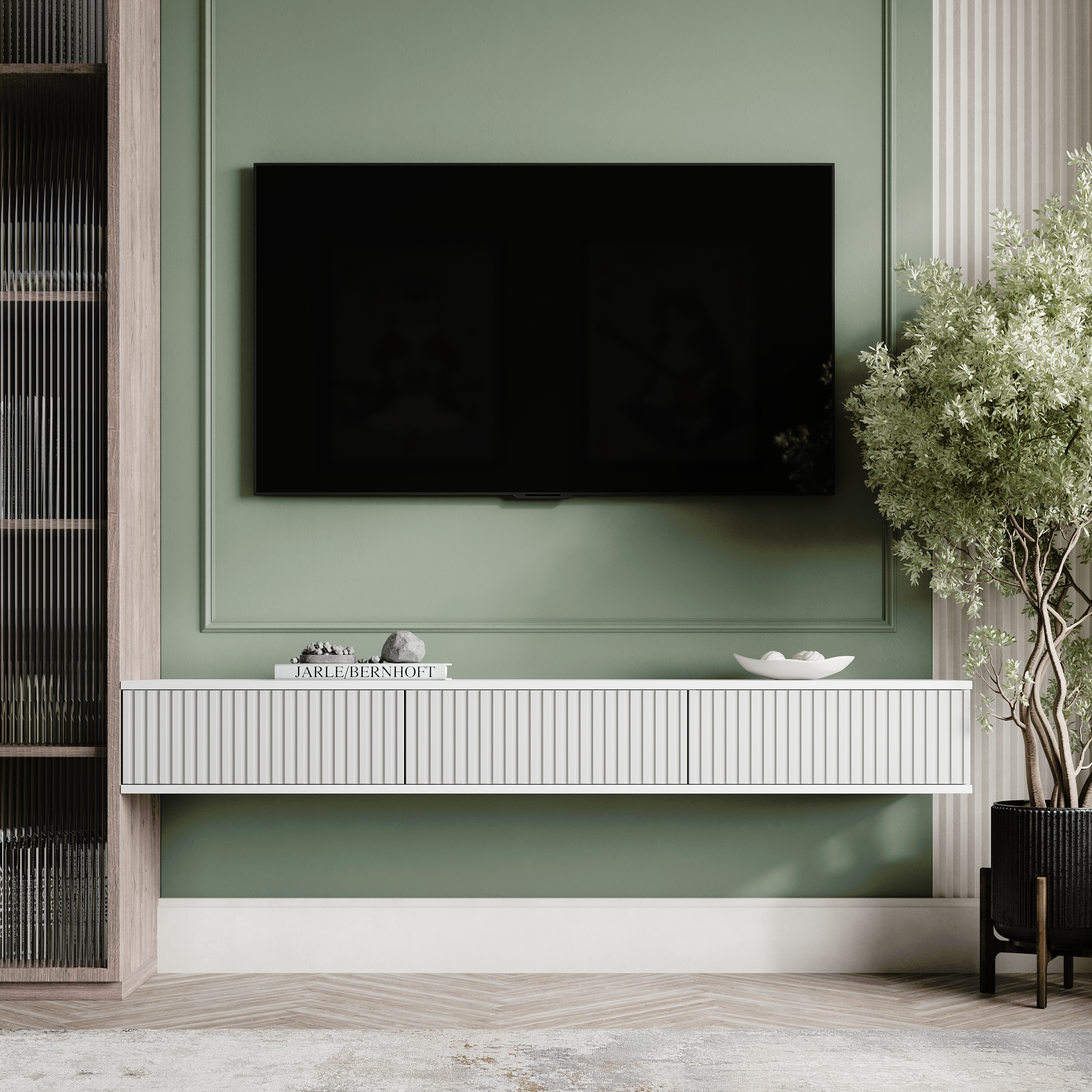 Подвесная тумба консоль под ТВ Вустер V3,163.4х40.7х21.6, белая