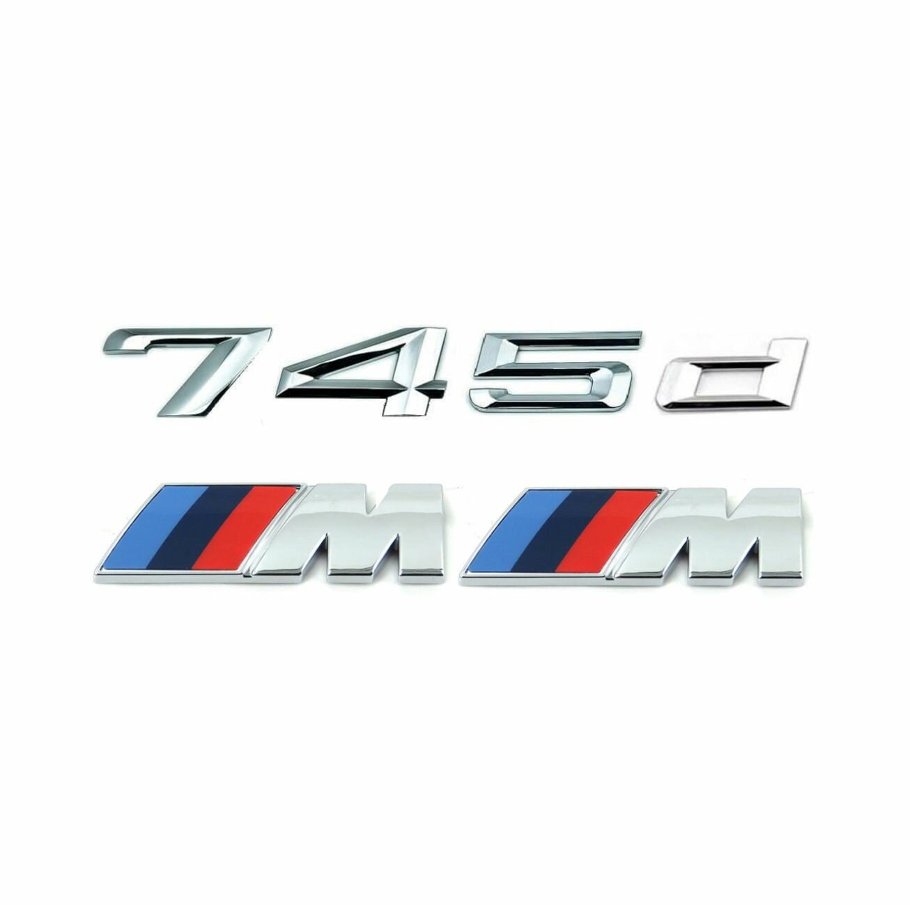Комплект: шильдик на багажник длям BMW 745d + 2 эмблемы на крыло M-performance хром
