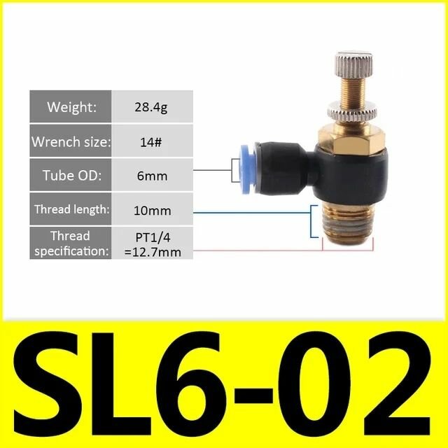 6 мм (1/4). Фитинг SL6-02 комбинированный с регулировкой воздуха, угловой. Дроссель пневматический