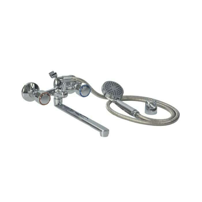 Смеситель для ванны с душем двуручный круглый излив, душевой шланг н/ж сталь, хромированная пластиковая лейка и кронштейн Стандарт ЦС-СМ 600/5-4 К М_Супер Центр Сантехники (Подольск) СМ503645