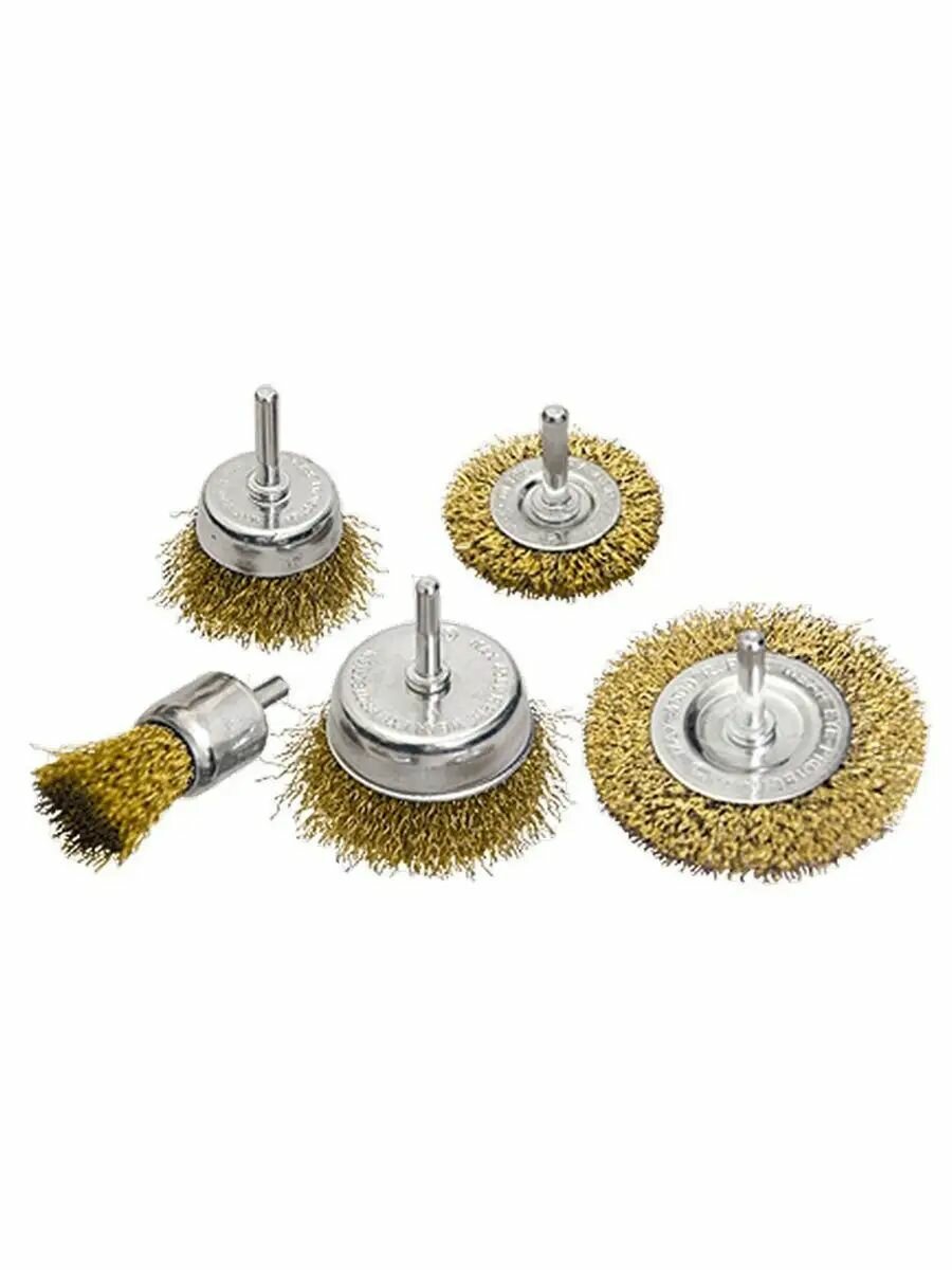 Набор щеток для дрели, 5 шт, 2 Плоские 50-75 мм, 3 Чашки 25-50-75 мм, со шпильками// Matrix 74492