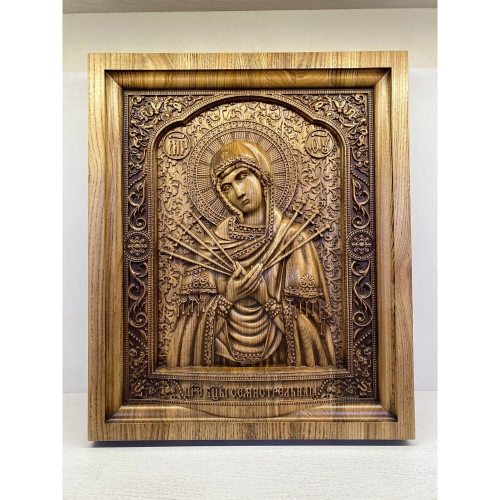 Икона из дерева резная / Семистрельная Божья Матерь резная 29х35 см