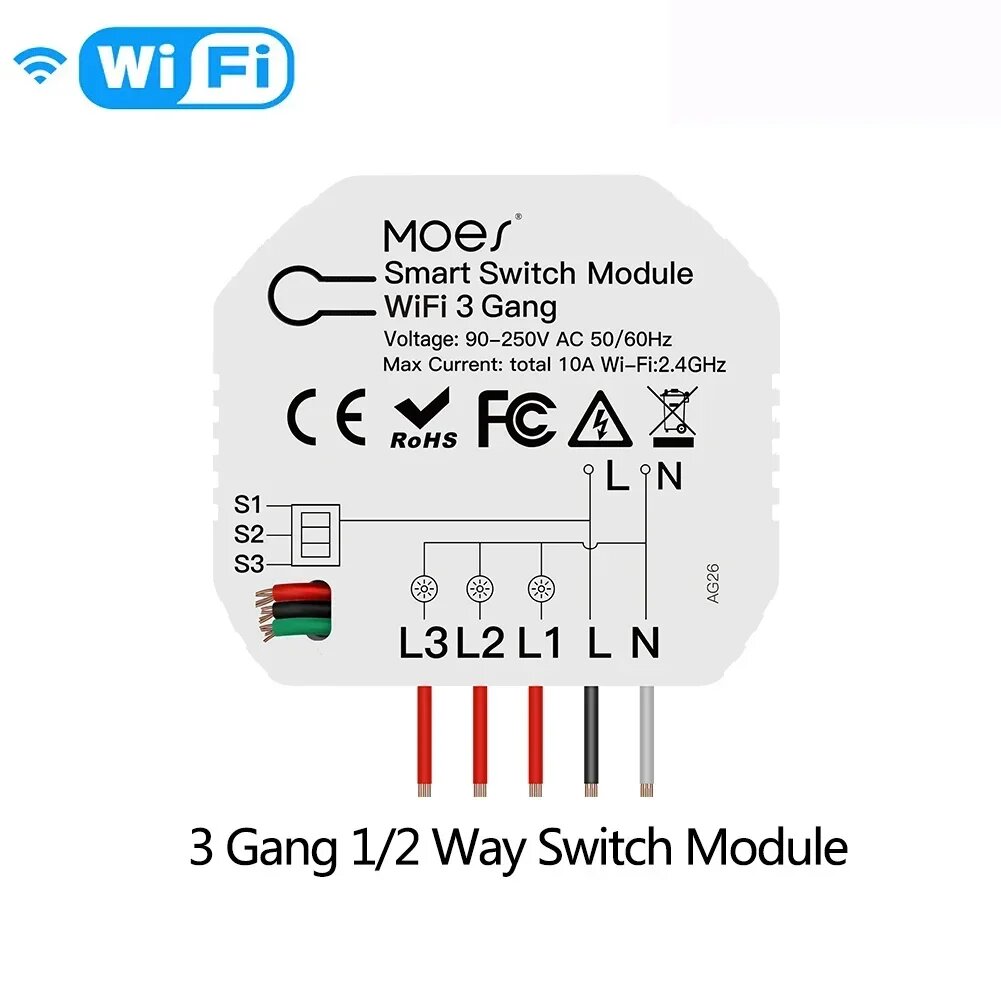 MOES Smart Switch Module Диммер Wifi 3 Gang Switch