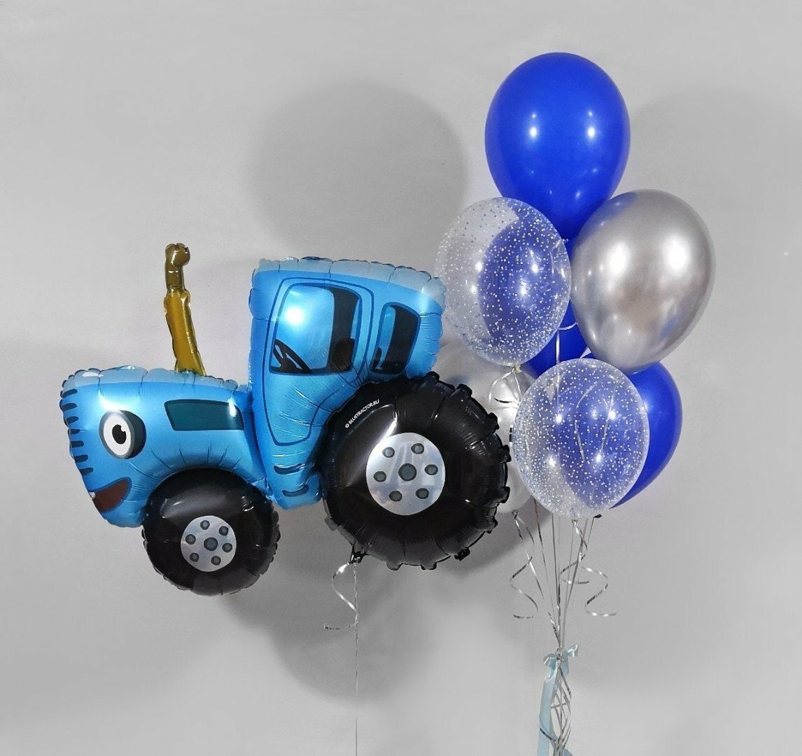 Воздушные шарики "Синий трактор" с фонтаном ярко-синих шаров и шаров с конфетти