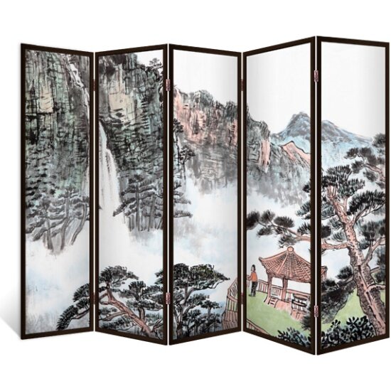 Ширма перегородка Декор Депо для комнаты деревянная "Осознание" двухсторонняя с картинкой (живопись) 5 створок венге 176х230 см 18 кг