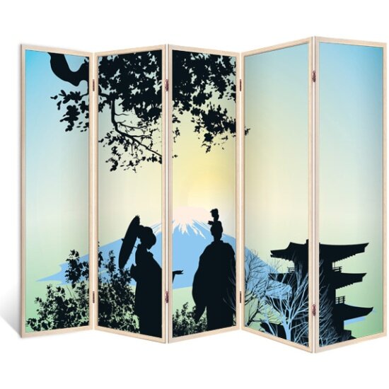 Ширма перегородка Декор Депо для комнаты деревянная "Гейша" двухсторонняя с картинкой (живопись) 5 створок кремовый дуб 176х230 см 18 кг