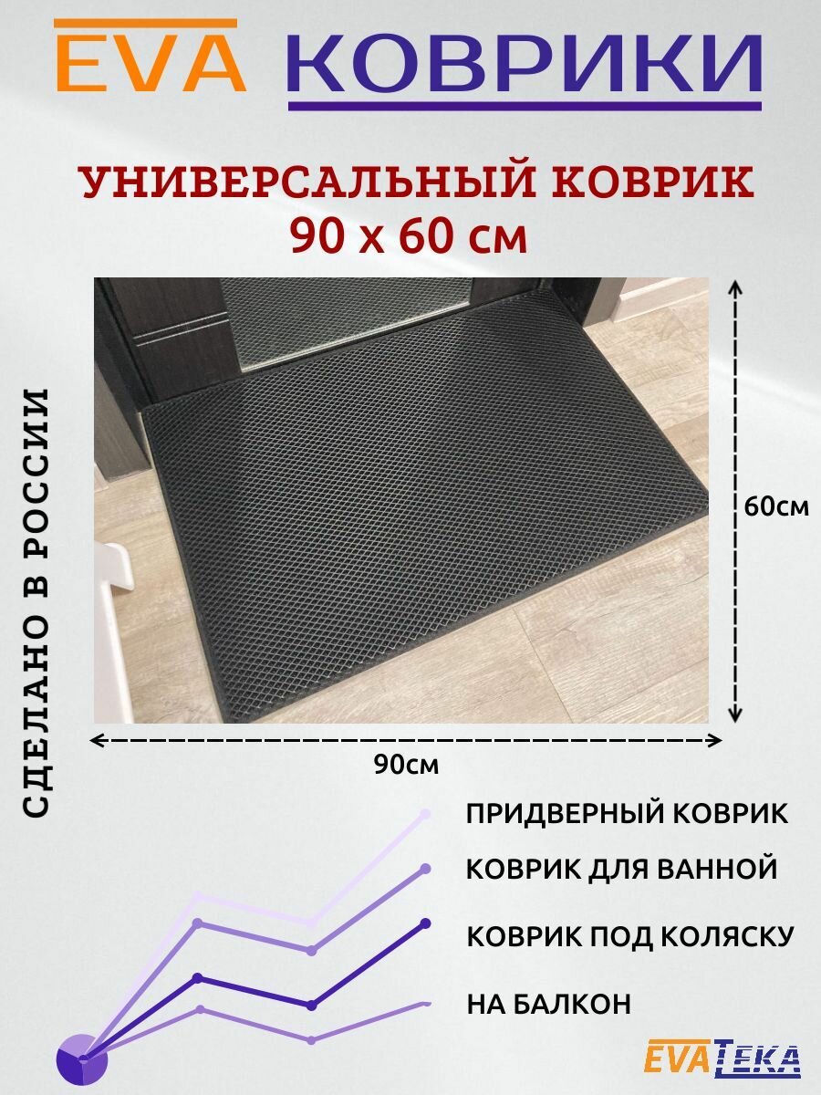 Придверный коврик ЭВА/ЕВА, Черный ромб с черным кантом, 90х60 см.