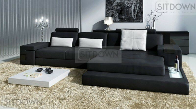 Угловой диван с декоративными вставками из дерева, 350 х 194 см, SITDOWN, "Морфеус", экокожа, черный