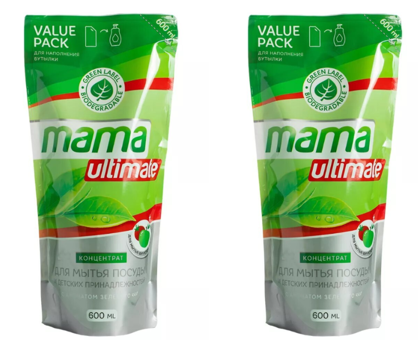 Mama Lemon Концентрированный гель для посуды и детских принадлежностей Ultimate Зеленый чай, 600 мл, 2 шт