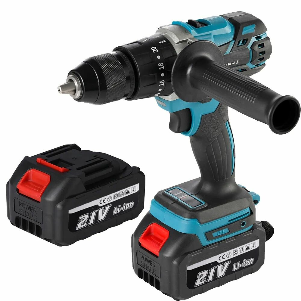 Аккумуляторная дрель 21 В, 13 мм, 120 Нм, Бесщеточная Ударная Дрель Шуруповерт для ледобура Рыбалка , включая 2 батареи по 4,0 А