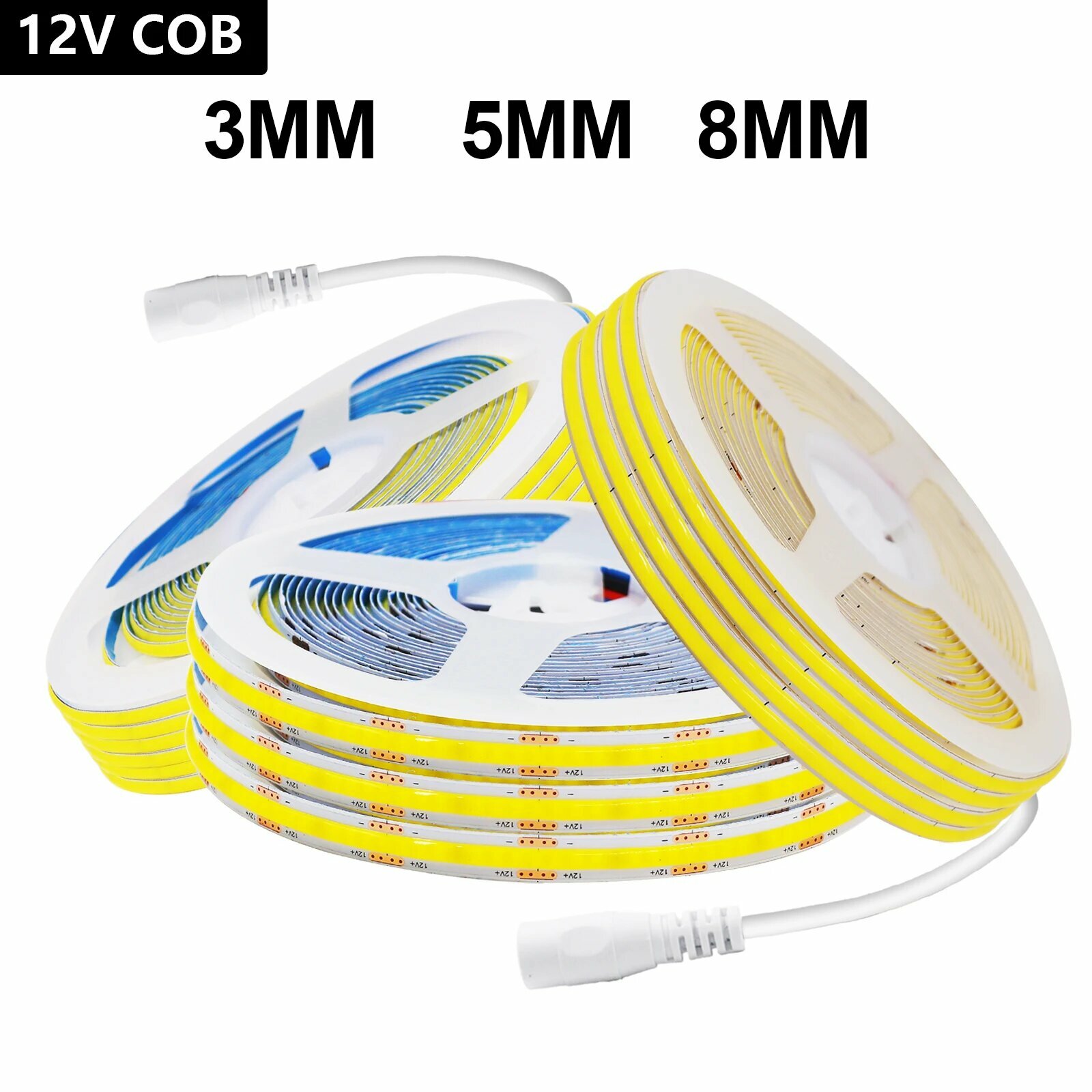 GAHADA гибкая светодиодная лента COB 3/5/8 мм DC 12V With DC Plug, Cool White, 0,5 м, 3mm PCB Width
