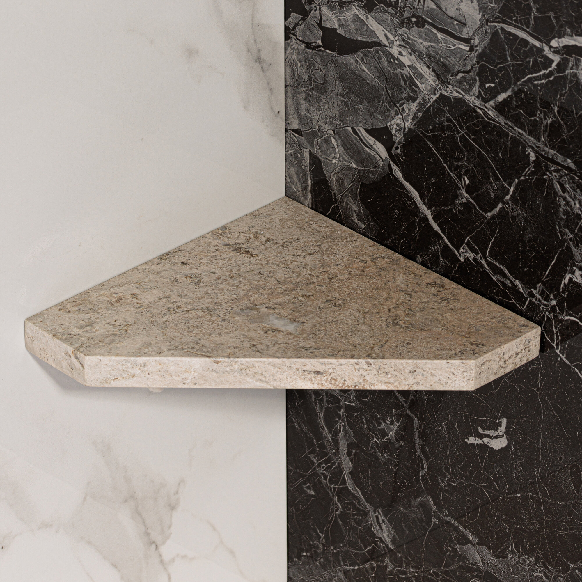 Полка Каменный ручей угловая из натурального камня мрамор цвет Crema Nova Extra, подвесная, скрытый крепеж, размер 17*17*2