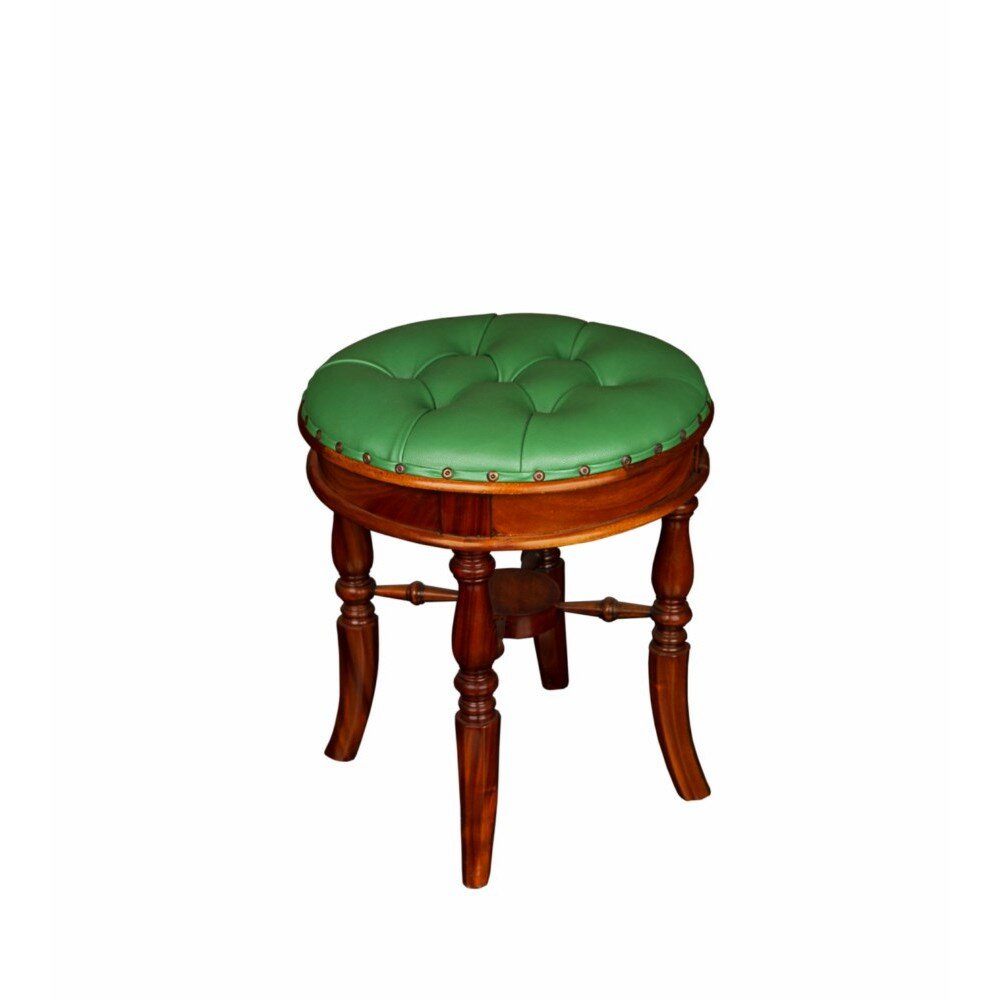 Пуф с кожаной обивкой DOMKORLEONE, красное дерево (mahogany wood), цвет орех NAA (светло-коричневый), зеленая кожа