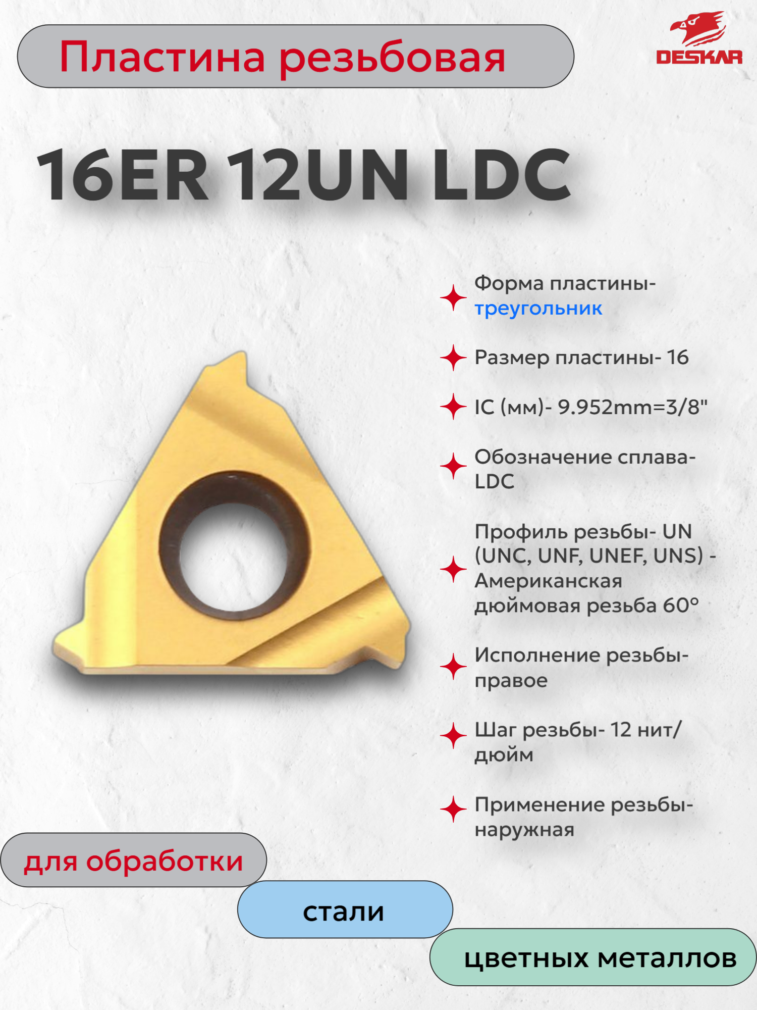 16ER 12UN LDC пластина резьбовая (в упаковке 10 шт) DESKAR 00-00021169