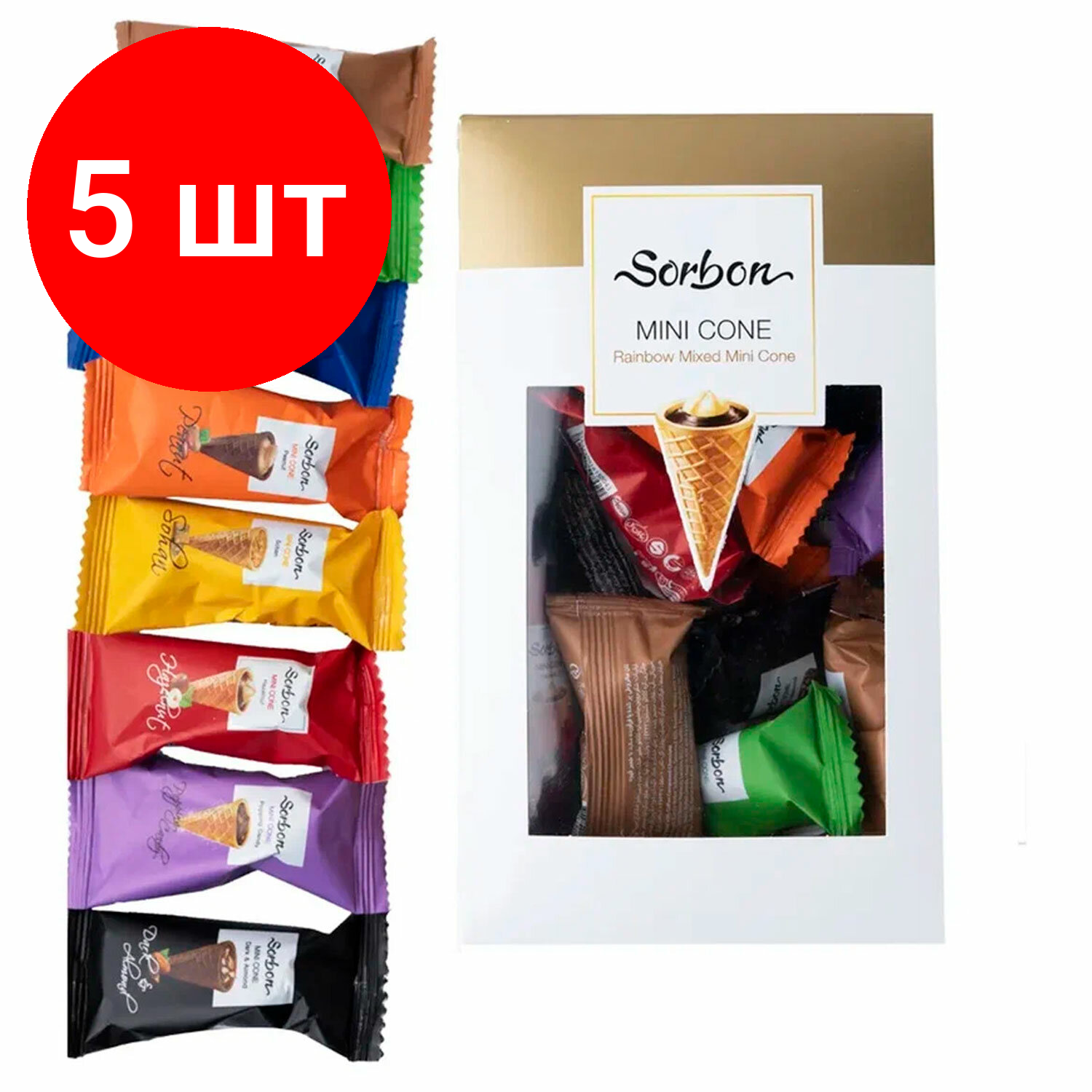 Комплект 5 шт, Конфеты мини-рожки в индивидуальной упаковке SORBON "Ассорти Радуга", 350 г