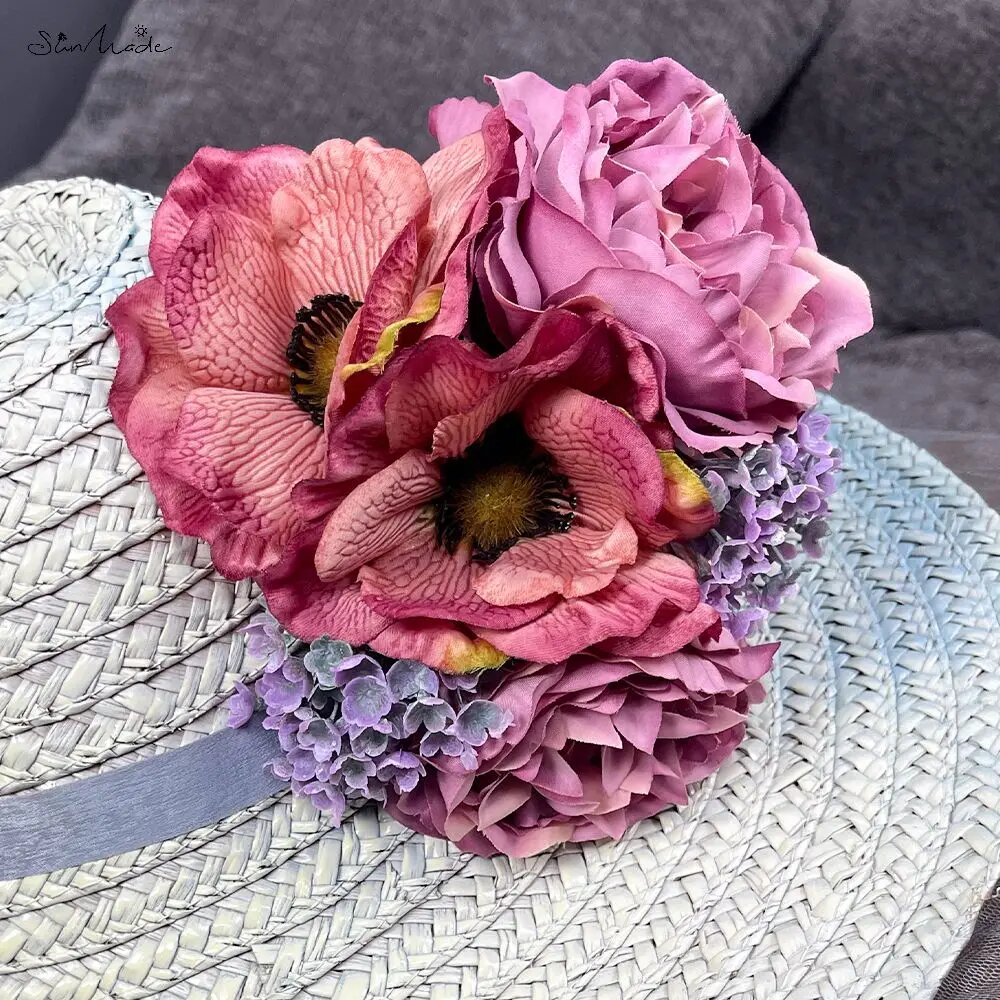 SunMade Скандинавский букет пионов и анемонов из шелка Сиреневый, Purple Red
