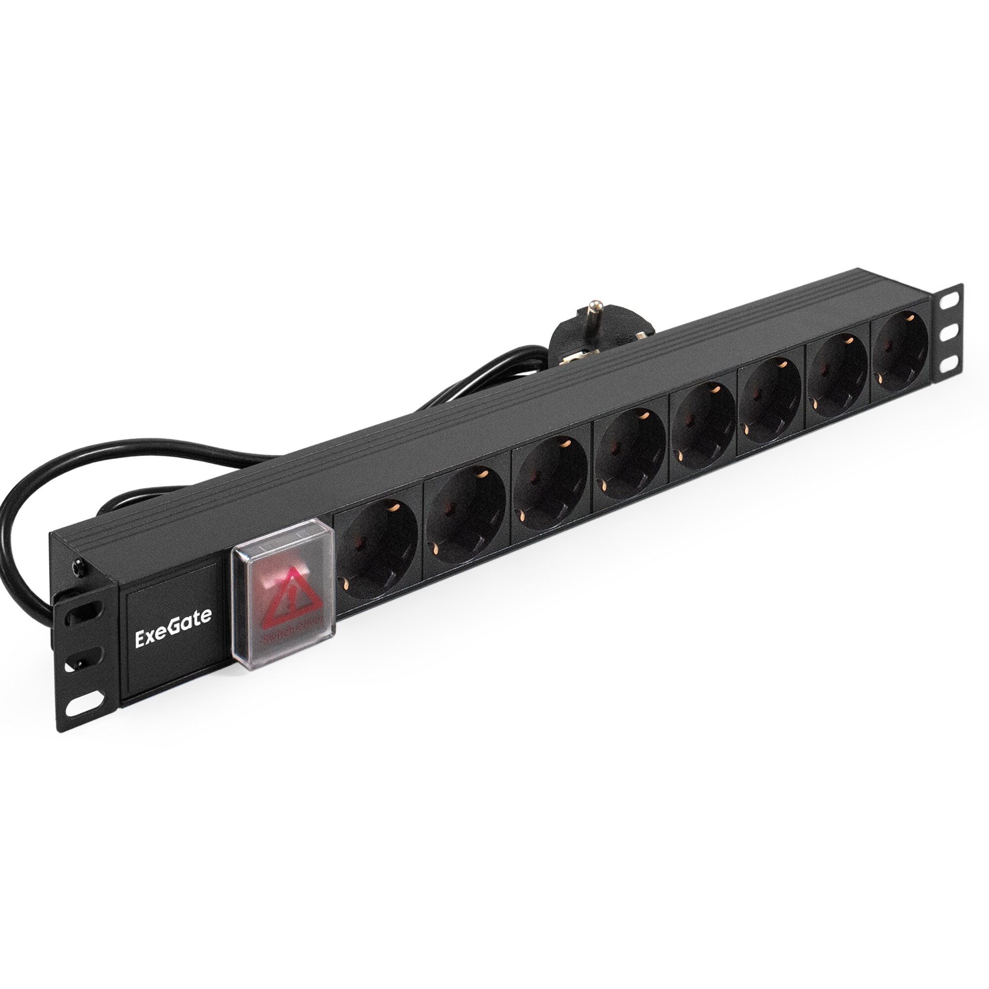 Блок розеток с выключателем с подсветкой ExeGate ServerPro PDU-19H803 Al-8S-EU2CU-SW (19", 1U, Алюминий, 8 Schuko, кабель с евровилкой VDE-250V-16A-3*1.5mm2, медь, 2 метра, выкл. с подсветкой, черный, RTL) EX280842RUS
