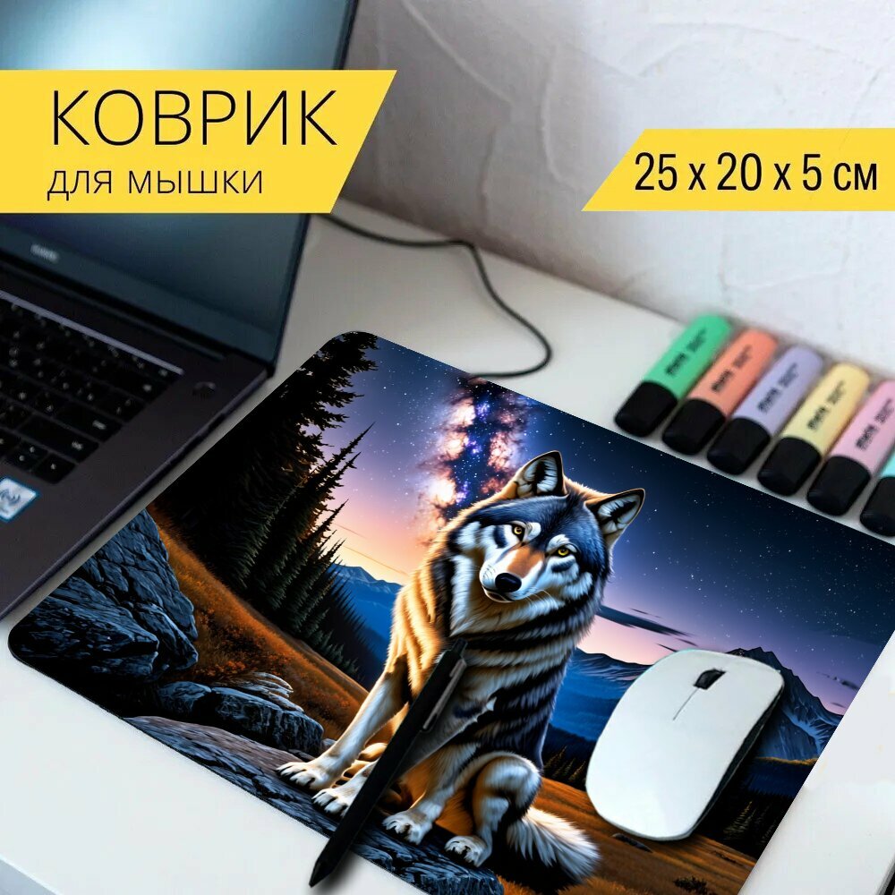 Коврик для мыши с принтом "Изображение величественного волка, сидящего на скале и глядящего на звездное небо с Млечным путем. На фоне — горный пейзаж с лесом и закатом." 25x20см.