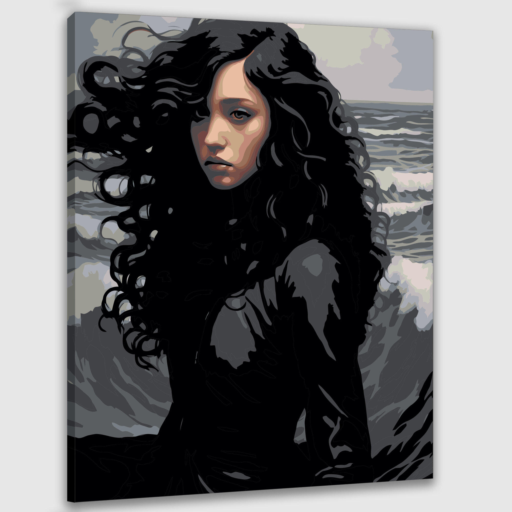 Картина по номерам 40x50 см, картина маслом, девушка, взгляд, волосы, меланхолия, лицо, фон, небо, волны