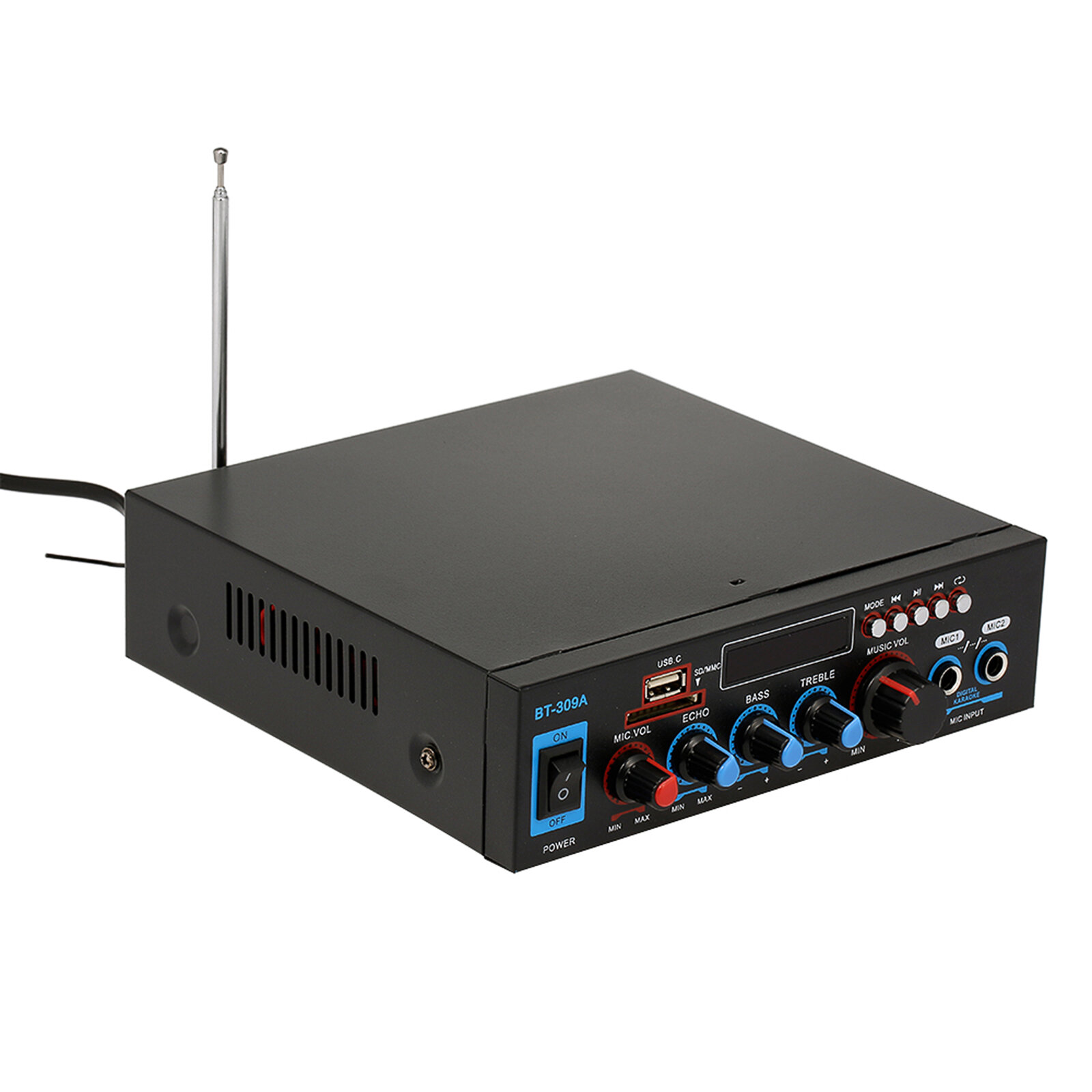 Миниатюрный аудиоусилитель мощности 12 В / 220 В, Bluetooth цифровой ресивер, USB, SD-слот, MP3-плеер, FM-радио, ЖК-дисплей, два микрофонных входа с пультом дистанционного управления, мощность 50 Вт + 50 Вт, для автомобиля и дома.