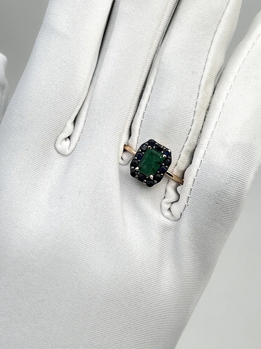 Кольцо, красное золото, 585 проба, изумруд, сапфир