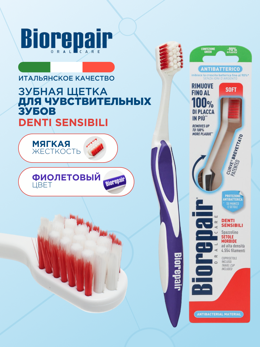 Зубная щетка Biorepair CURVE Denti Sensibili мягкая, для чувствительных зубов, фиолетовая