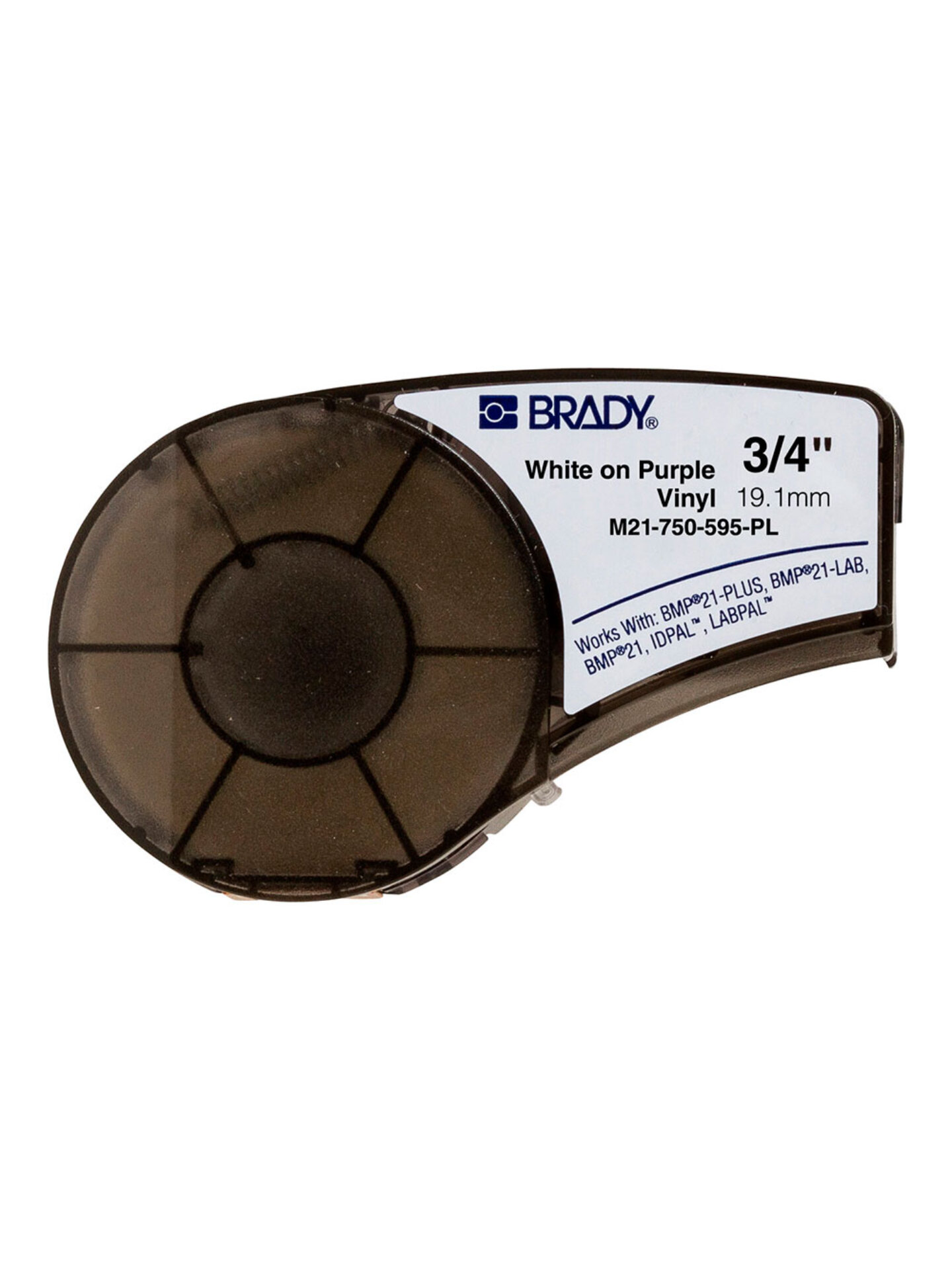 Лента Brady M21-750-595-PL, винил, 19.05 мм × 6.4 м, белый на фиолетовом, прочная