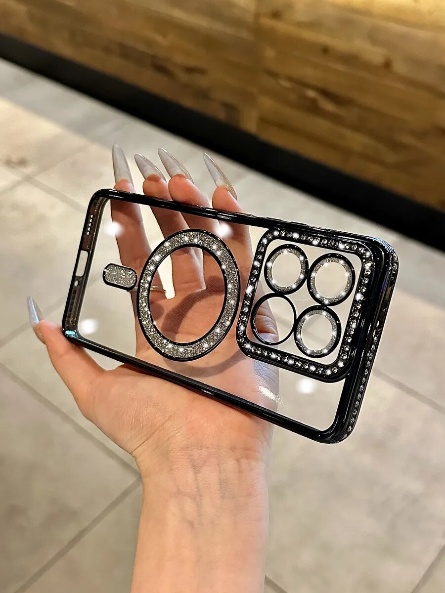 Чехол О'Кейси MagSafe, для Xiaomi Mi 14T Pro, со стразами, прозрачный/черный