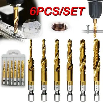 Набор сверл-метчиков с титановым покрытием из быстрорежущей стали, M3,4,5,6,8,10 / Набор метчиков в боксе