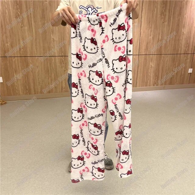 Рождественская пижама Sanrio Hello Kitty, фланелевые модные брюки на Хэллоуин, милые шерстяные повседневные домашние брюки с мультяшным рисунком для женщин, осенние брюки