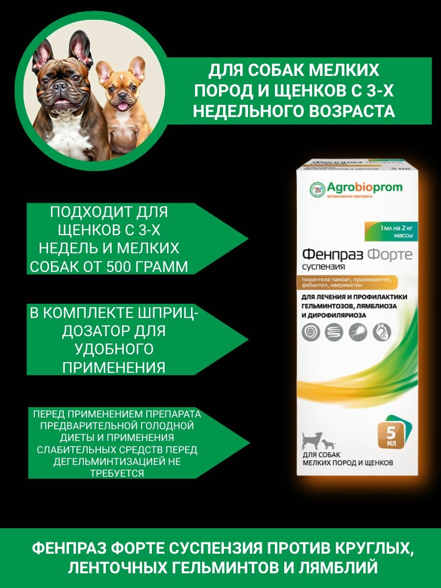 Суспензия от глистов и лямблий Фенпраз Форте (Fenpraz Forte) для щенков и собак мелких пород, флакон 5 мл, антигельминтик с пчелиным маточным молочком